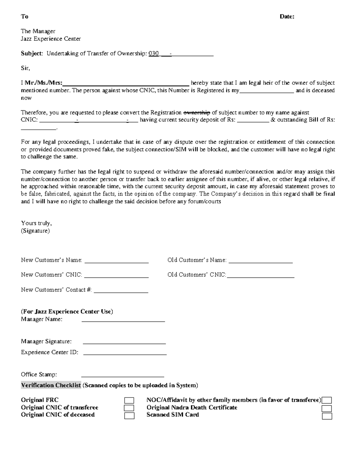 Transfer of Ownership Undertaking - Jazz Experience Center - Studocu