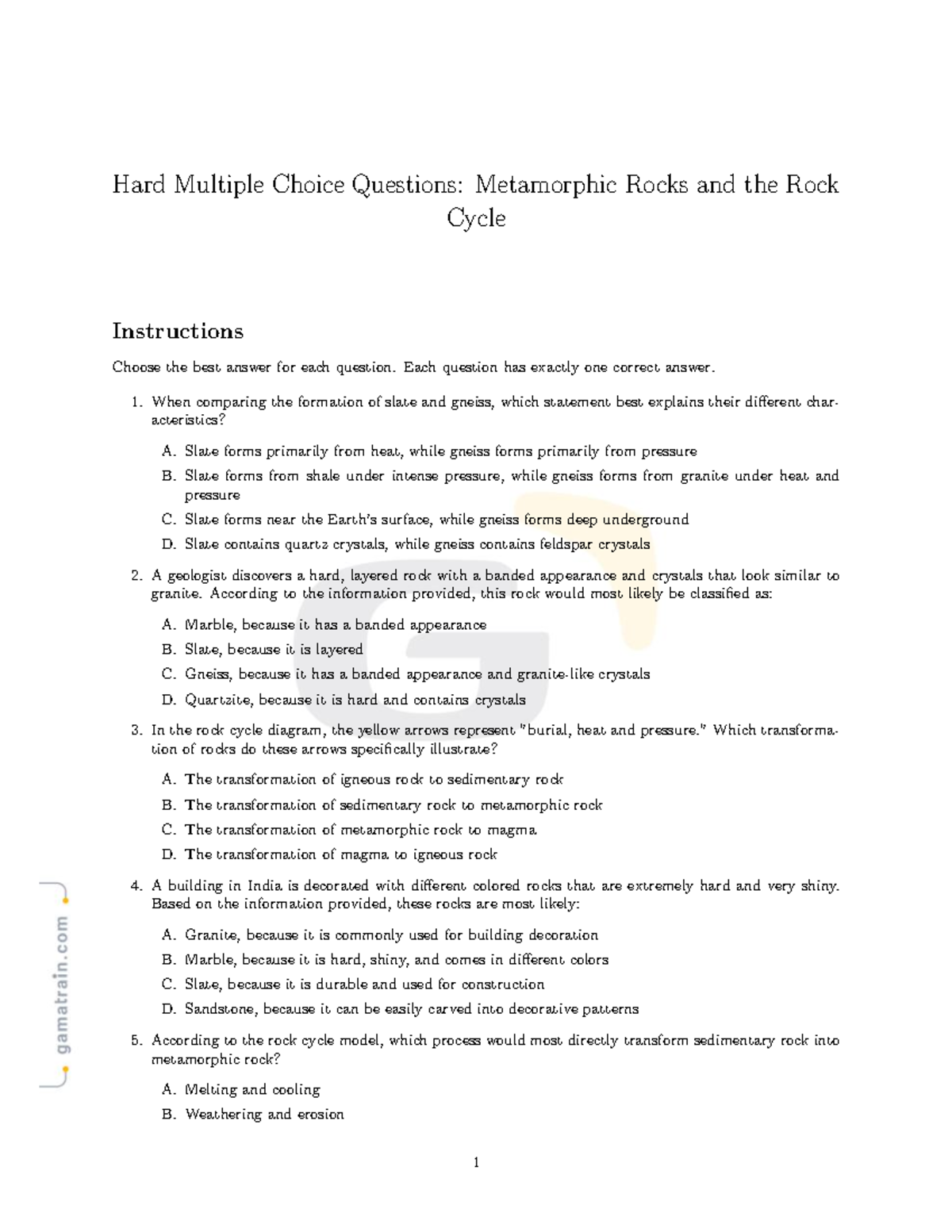 Hard MCQs on Metamorphic Rocks & Rock Cycle (G6) - Studocu