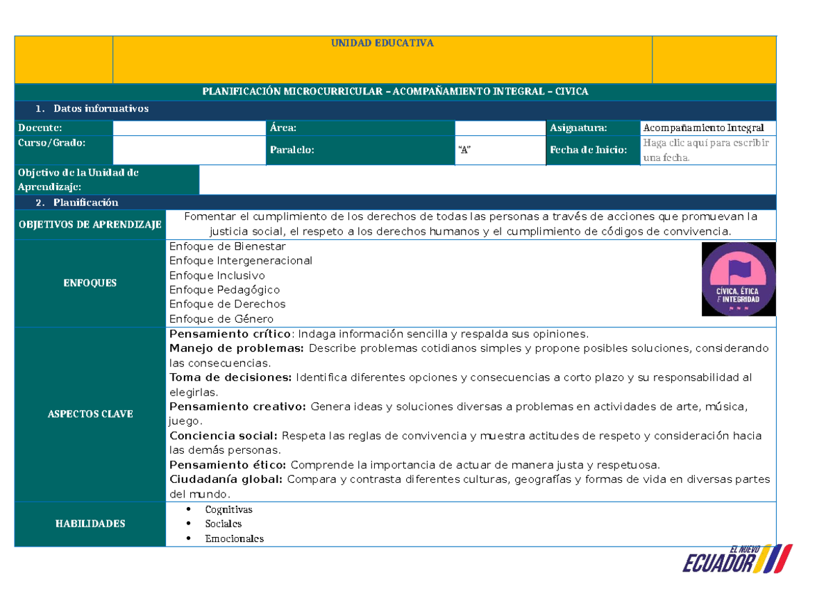 7MO - Planificación Microcurricular Acompañamiento Integral Cívica 1er Trimestre - Studocu
