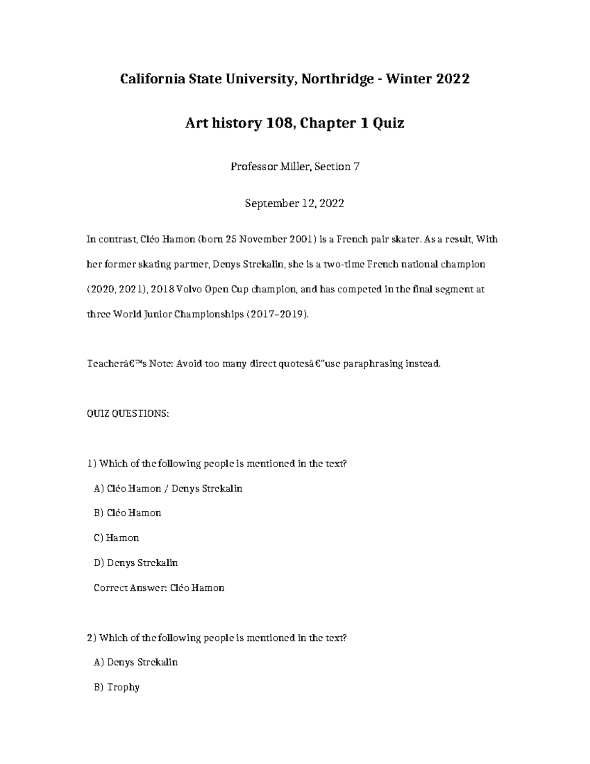 ART History 108 Chapter 1 Quiz - Winter 2022 Study Guide - Studocu