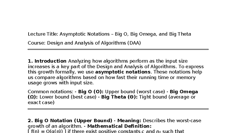 Lecture 2: Asymptotic Notations - Big O, Big Omega, Big Theta (DAA) - Studocu