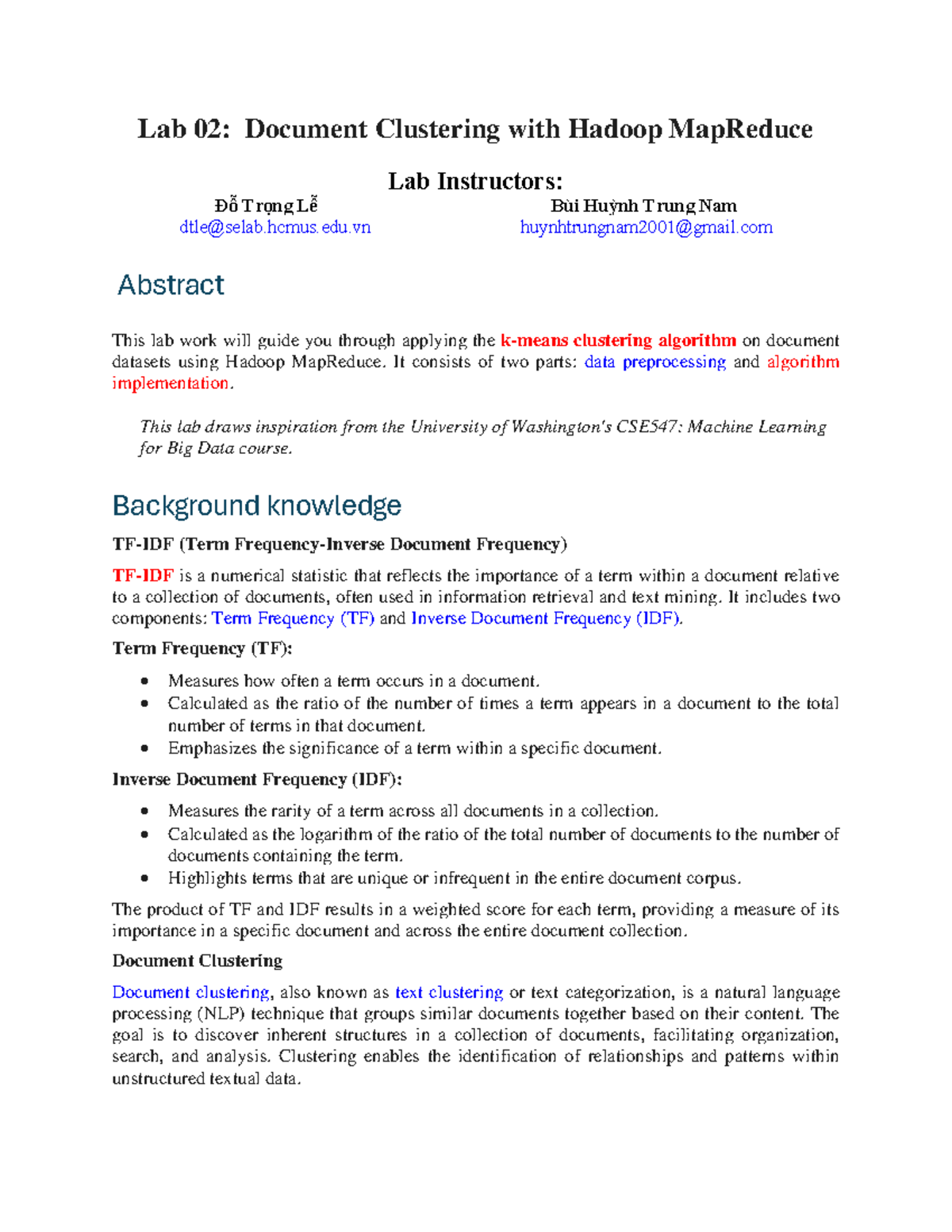 Big Data - Lab 02: Document Clustering with Hadoop MapReduce - Studocu