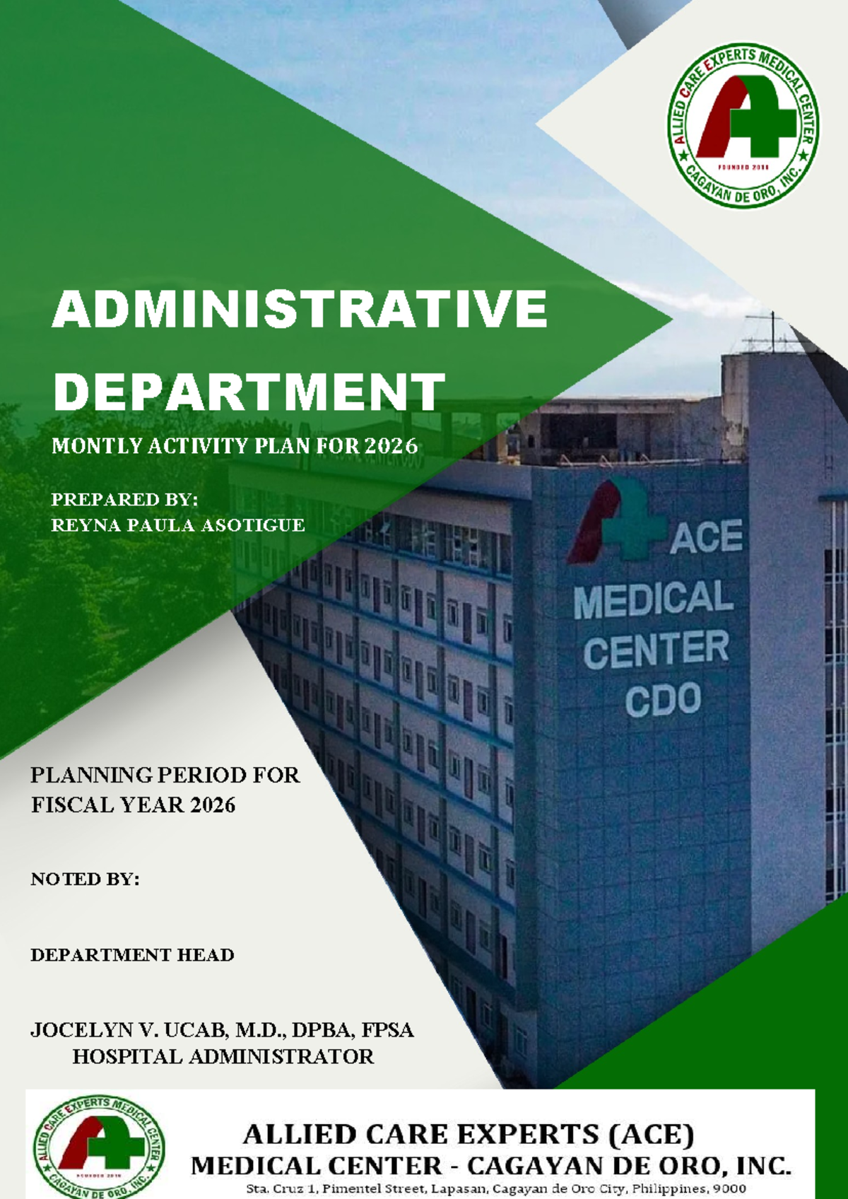 ADMIN 2026 Monthly Activity Plan: Strategic Excellence Framework - Studocu