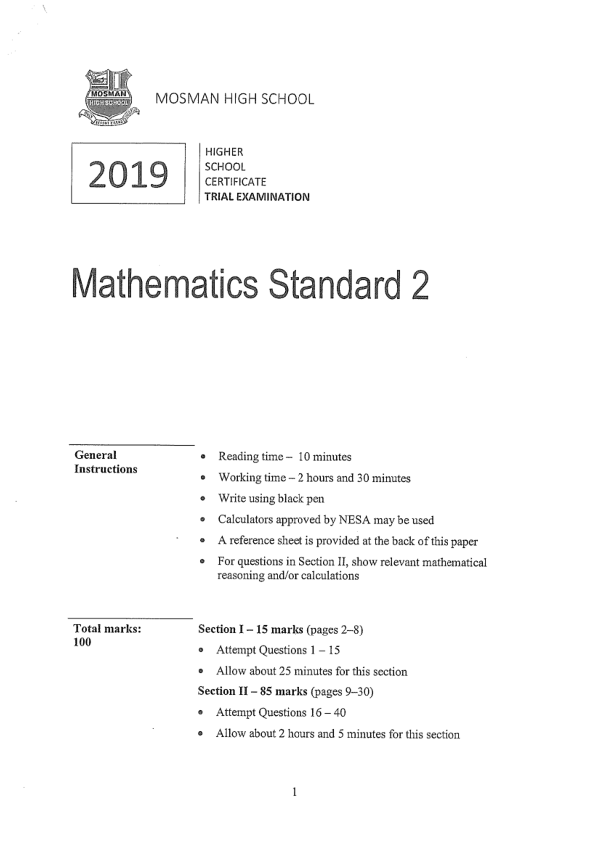 Mathematics Standard 2 Trial Exam 2019 - Mosman High School - Studocu
