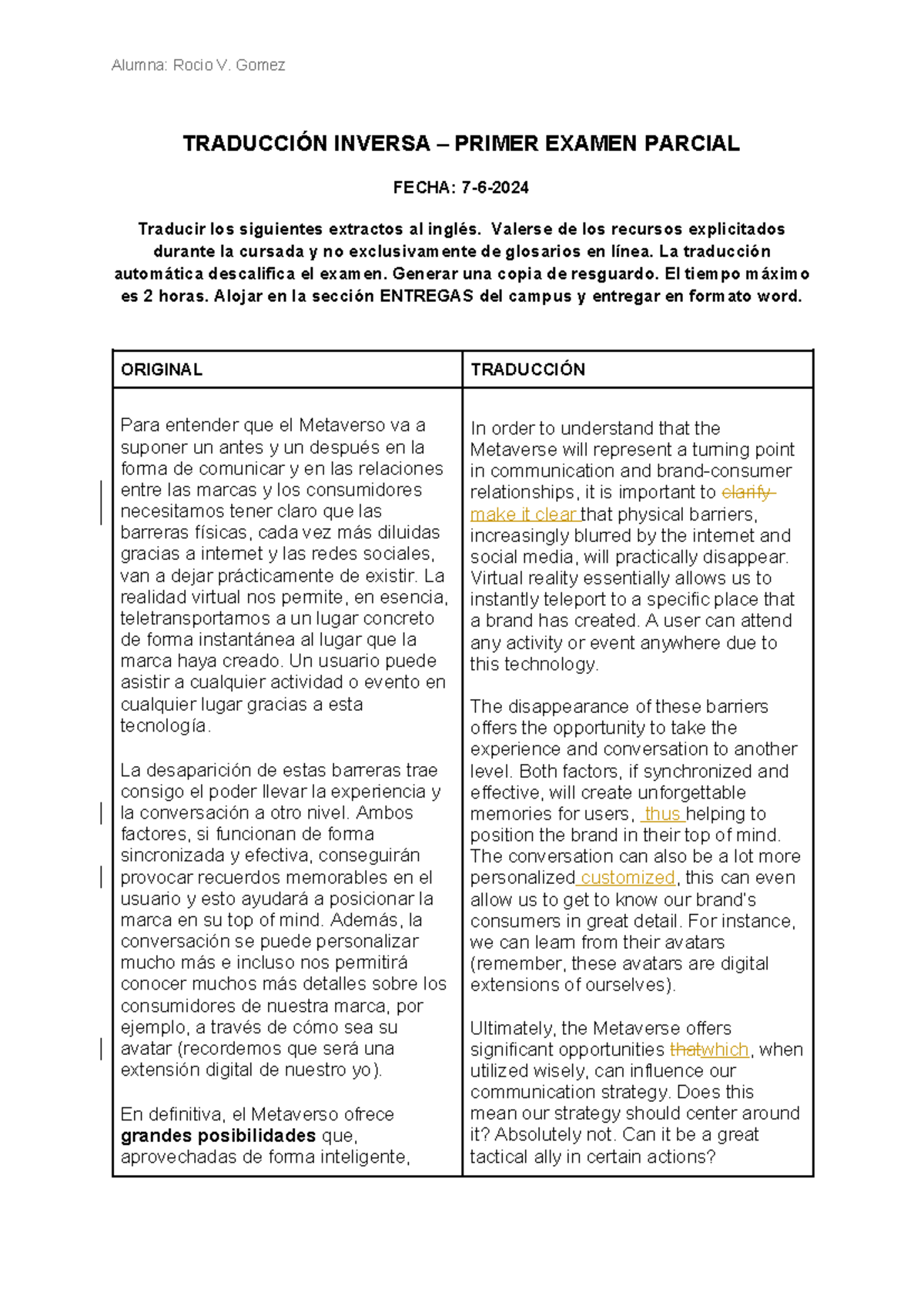 Traduccion inversa primer parcial - Rocio V. Gomez - Alumna: Rocio V ...