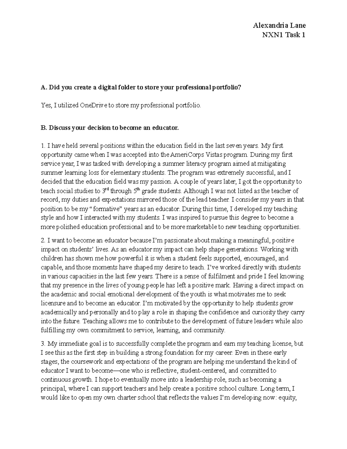 Alexandria Lane NXN1 Task 1: Building My Professional Portfolio - Studocu