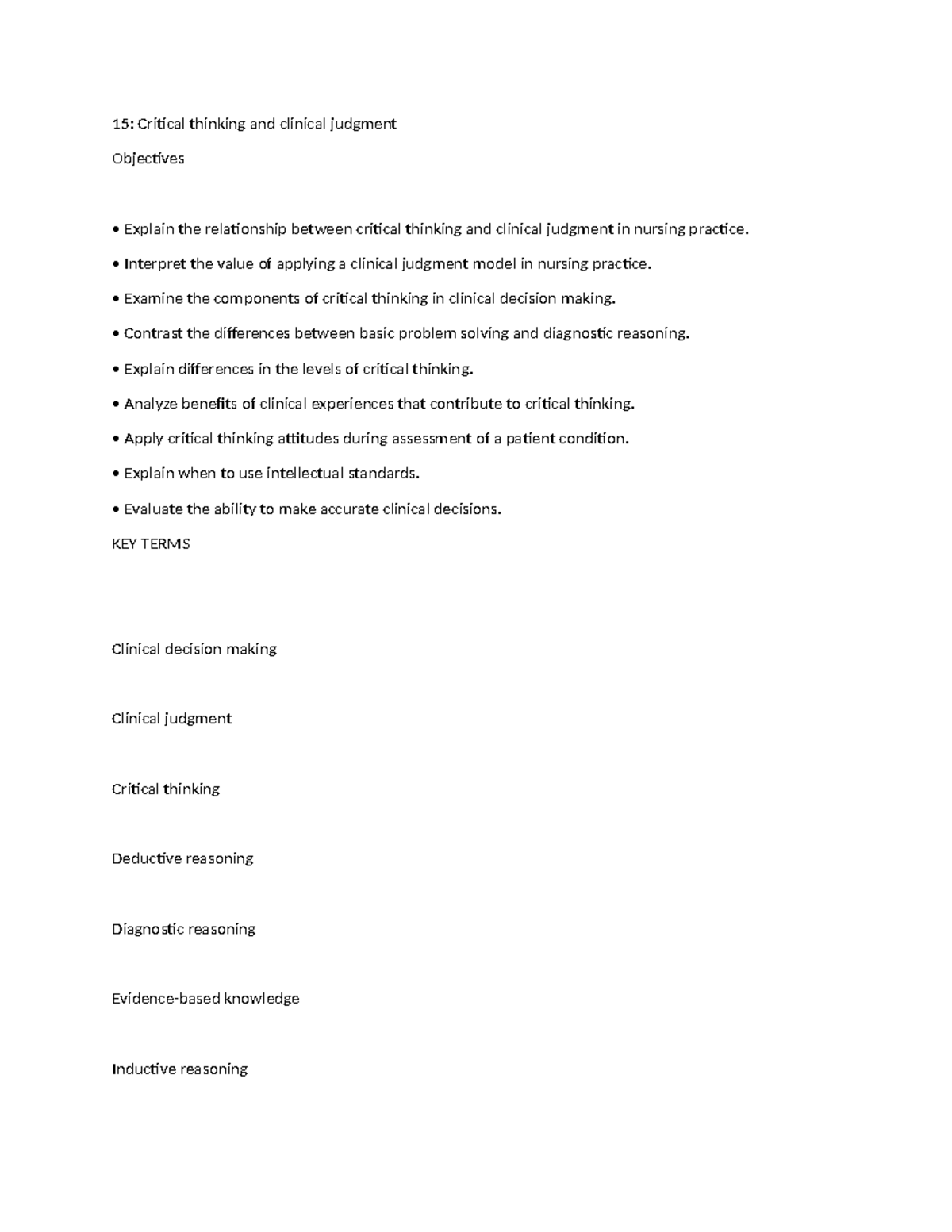 15: Critical Thinking and Clinical Judgment in Nursing Practice - Studocu