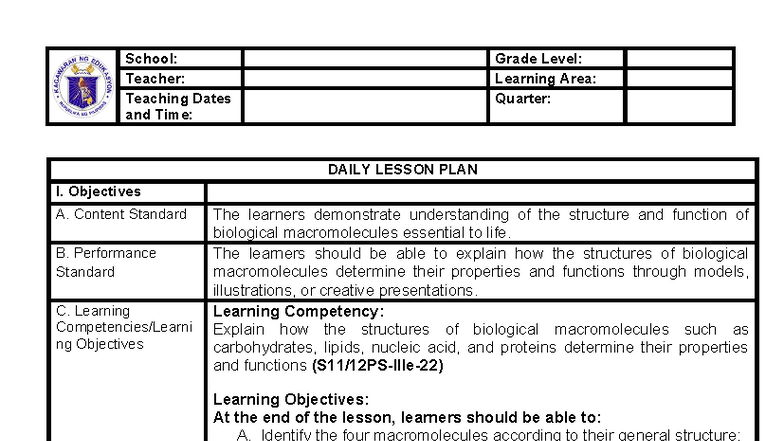 Biological Macromolecules Lesson Plan (Grade Level: SHS) - Studocu