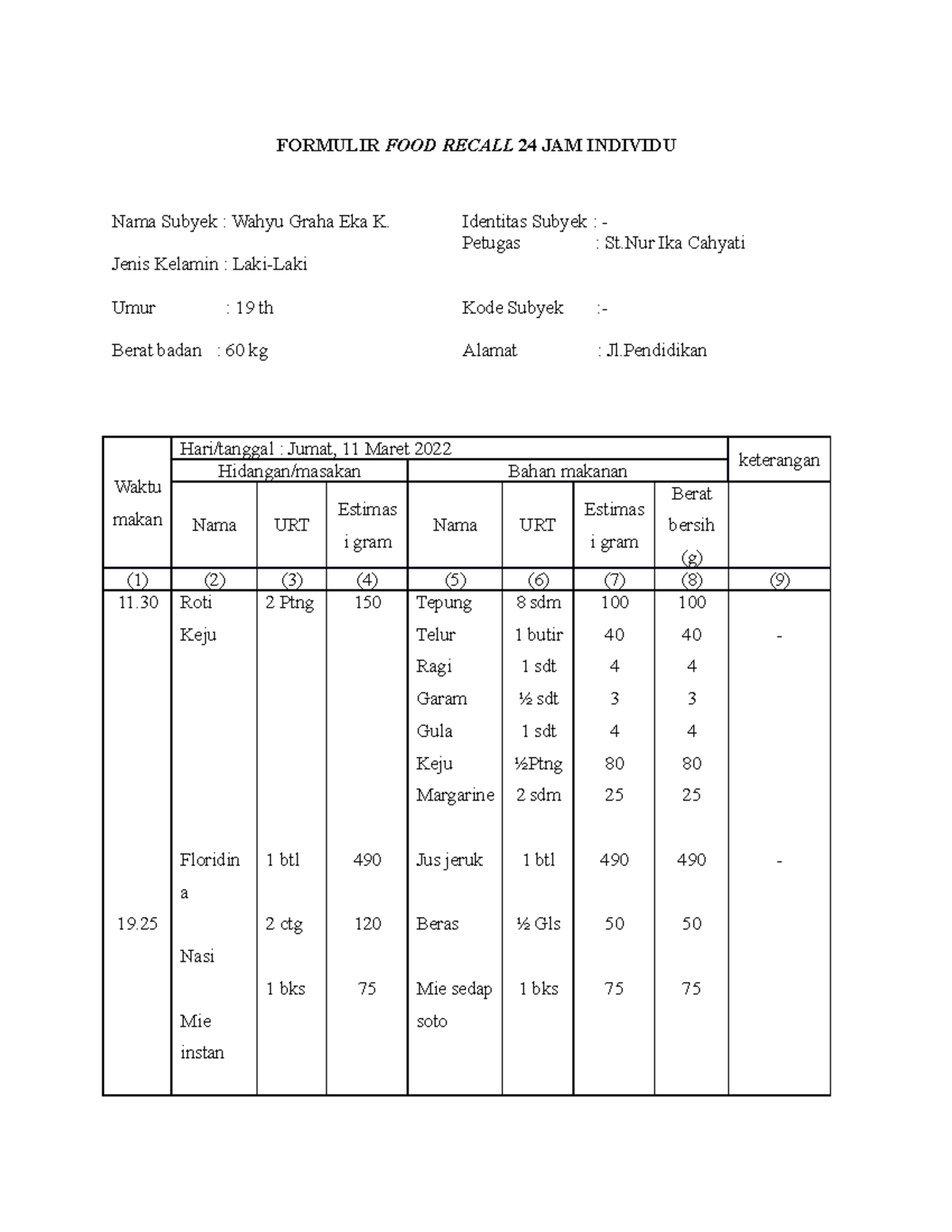 Formulir FOOD Recall 034 - Data Subyek Makanan dan Nutrisi - Studocu