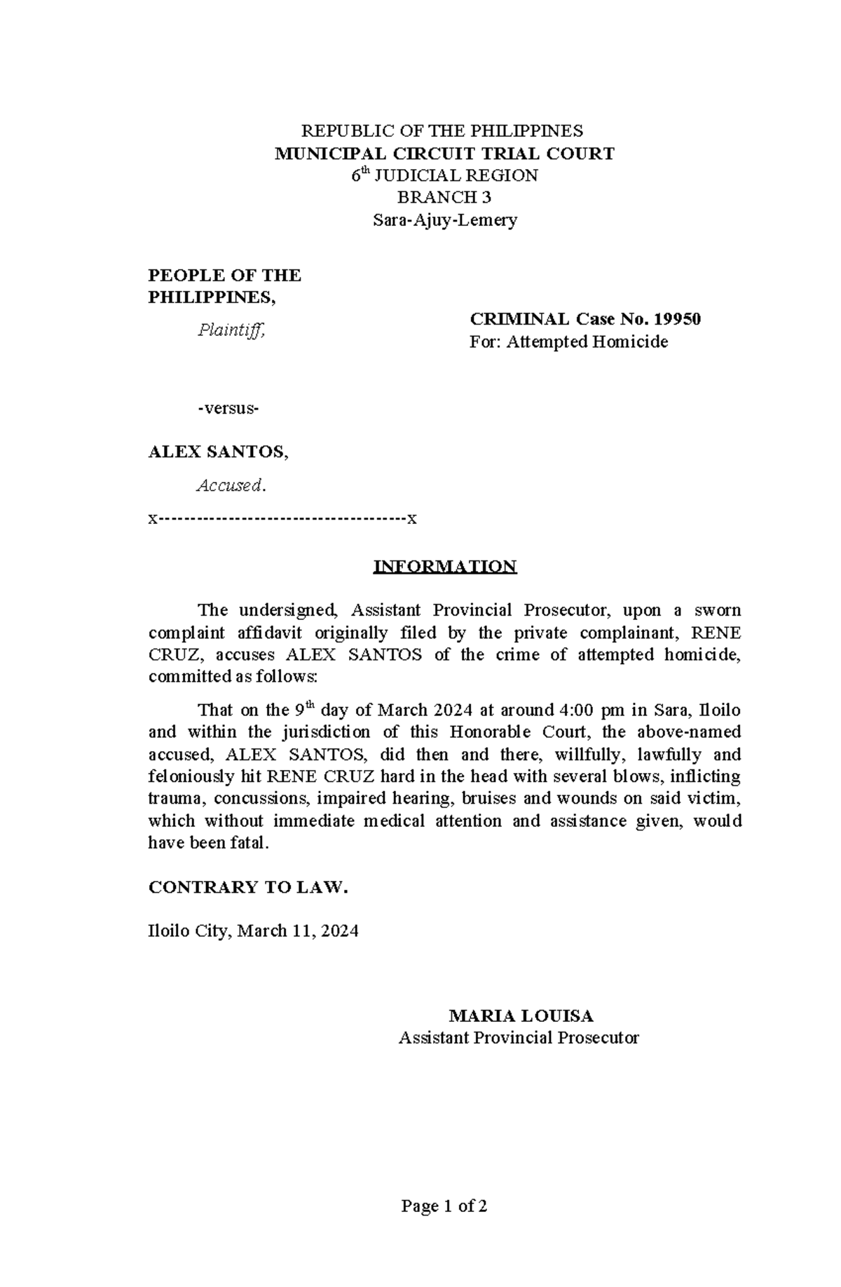 Criminal Case No. 19950: Information for Attempted Homicide - Studocu