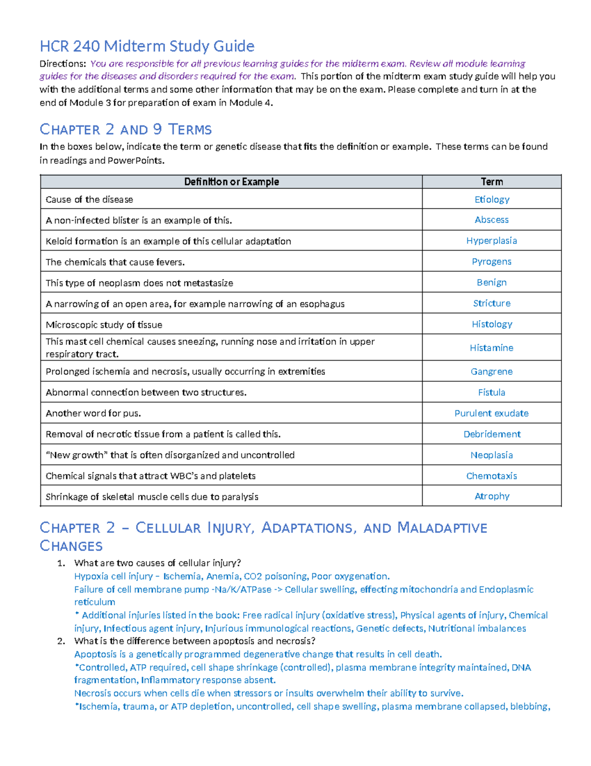 HCR 240 Module 3 Midterm Exam Study Guide and Review Notes - Studocu