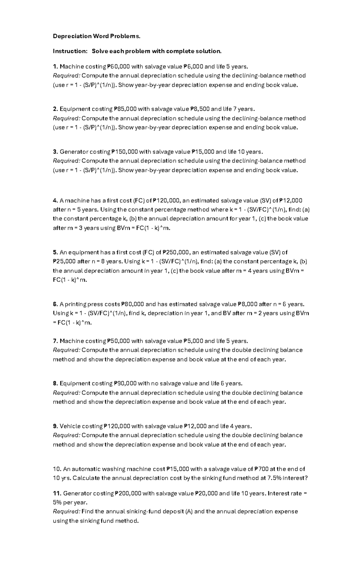 Depreciation Word Problems (Asynchronous Activity) - Detailed Solutions - Studocu