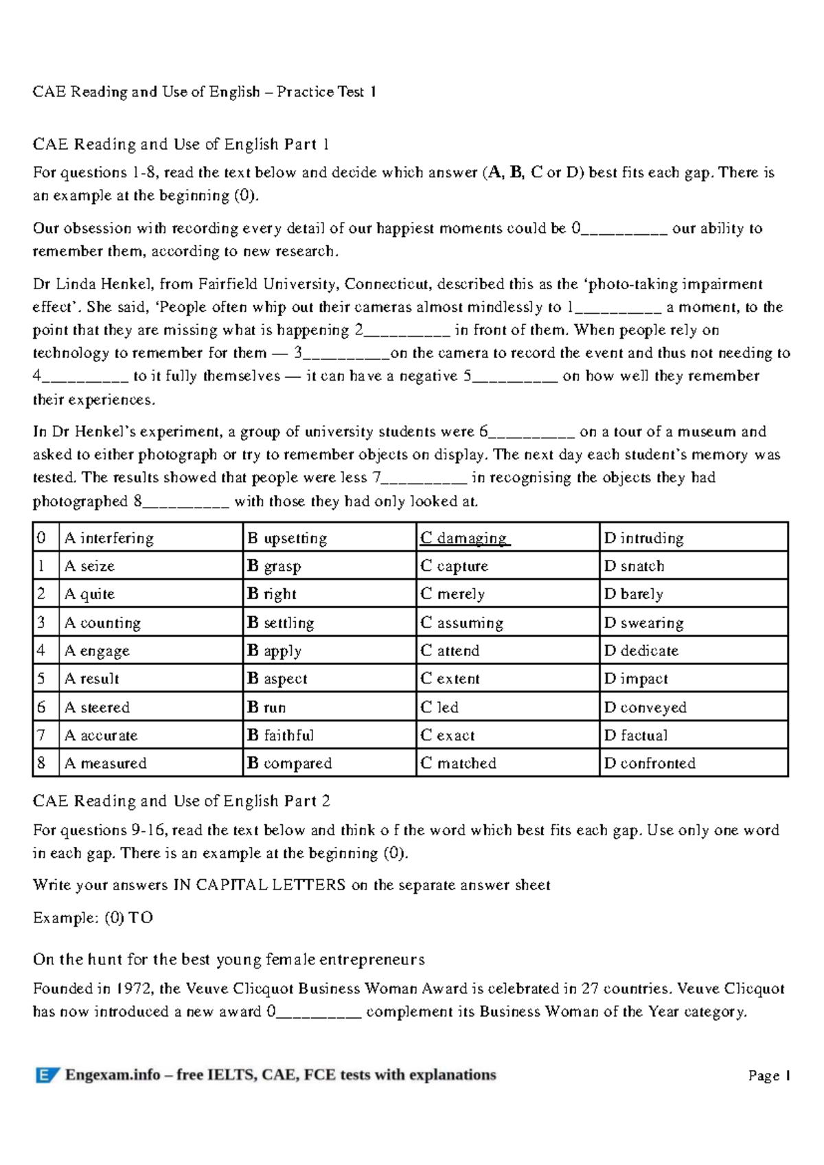 CAE Reading and Use of English Practice Test 1: Comprehensive Review ...