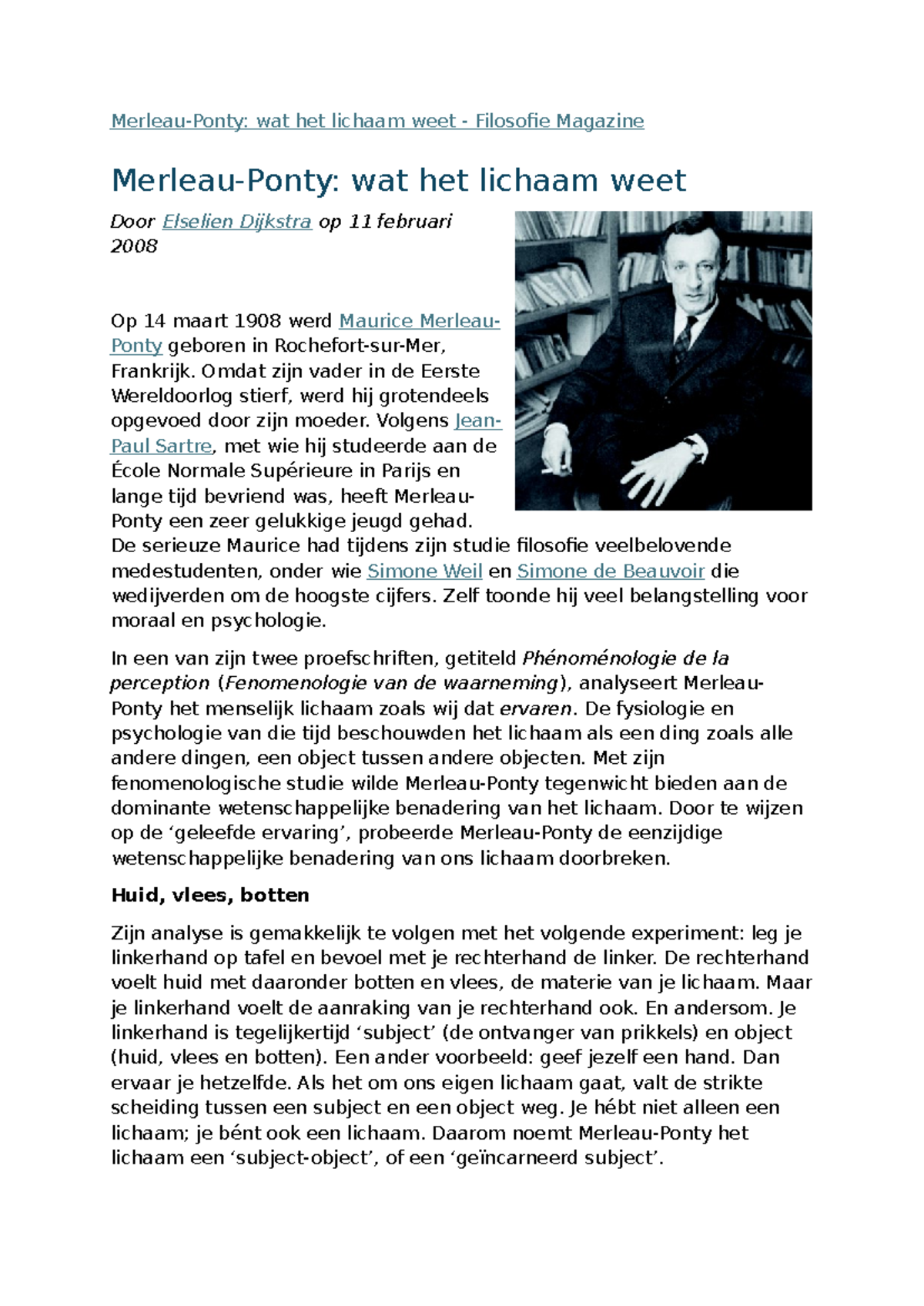 Merleau-Ponty: Wat het Lichaam Weet - Filosofie en Ervaring - Studeersnel