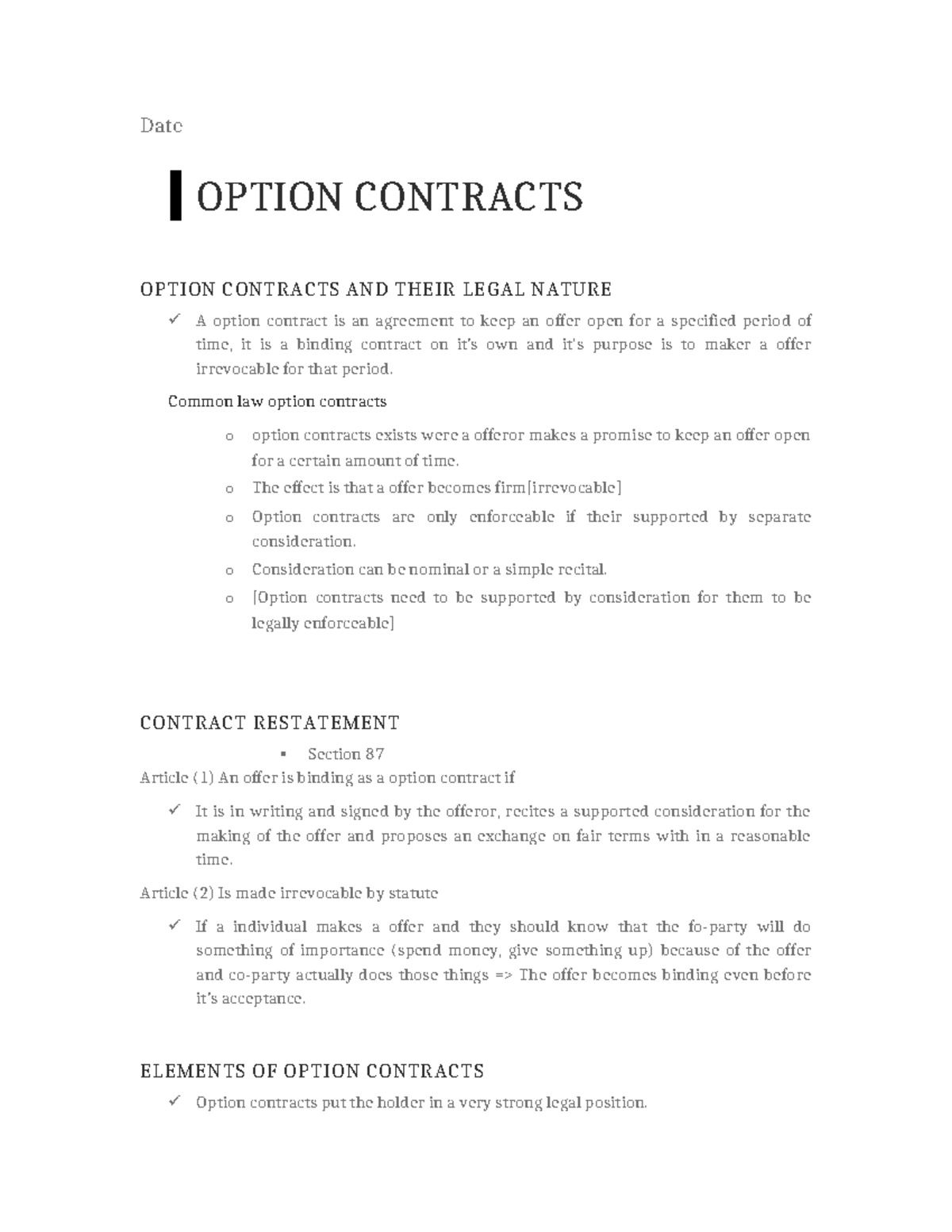 Option Contracts and Their Legal Nature - Assignment Example - Studocu