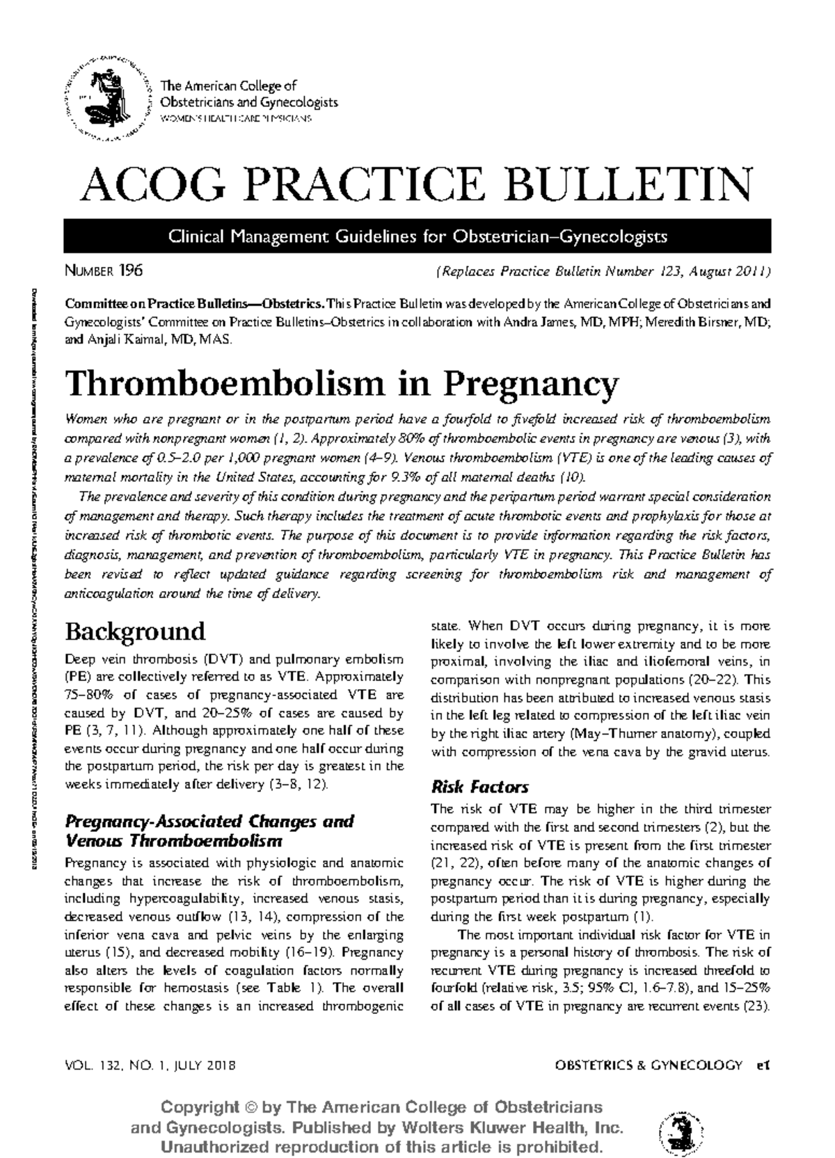 Practice Bulletin on Thromboembolism in Pregnancy - ACOG No. 196 - Studocu