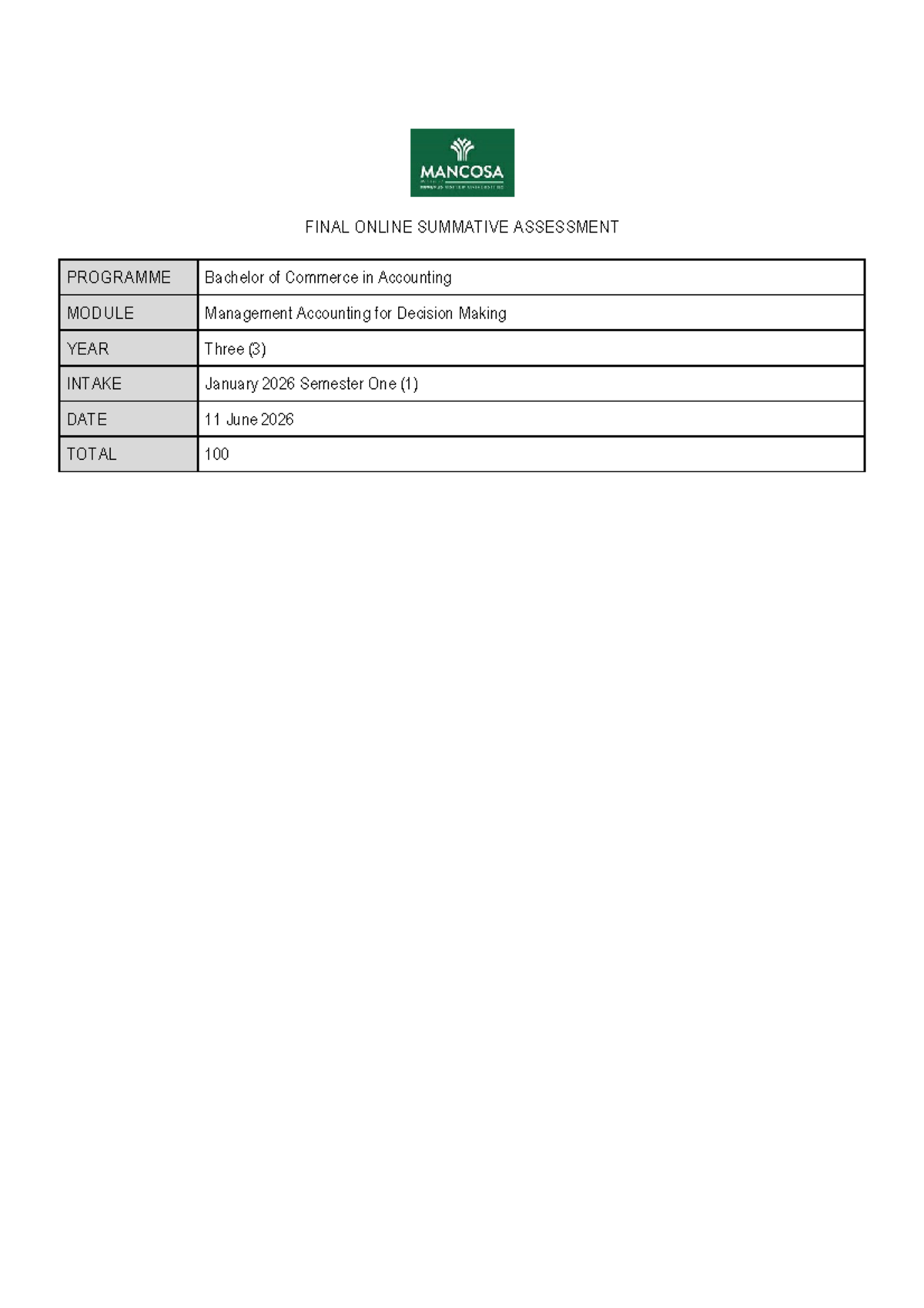 OSA Jan26 BACC MADM7 Final Exam: Management Accounting for Decision ...