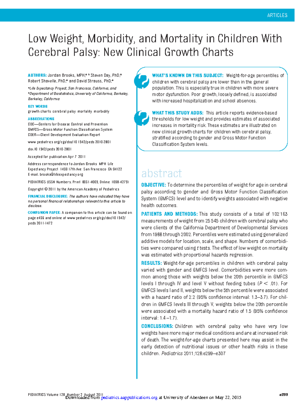 Brooks 2011 - Growth Charts and Health Outcomes in Cerebral Palsy - Studocu