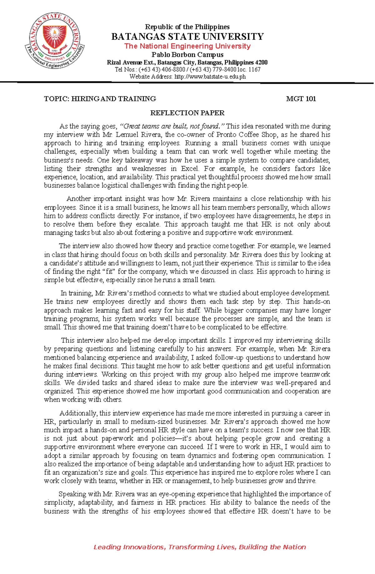 MGT 101: Reflection on Hiring and Training Strategies in HRM - Studocu