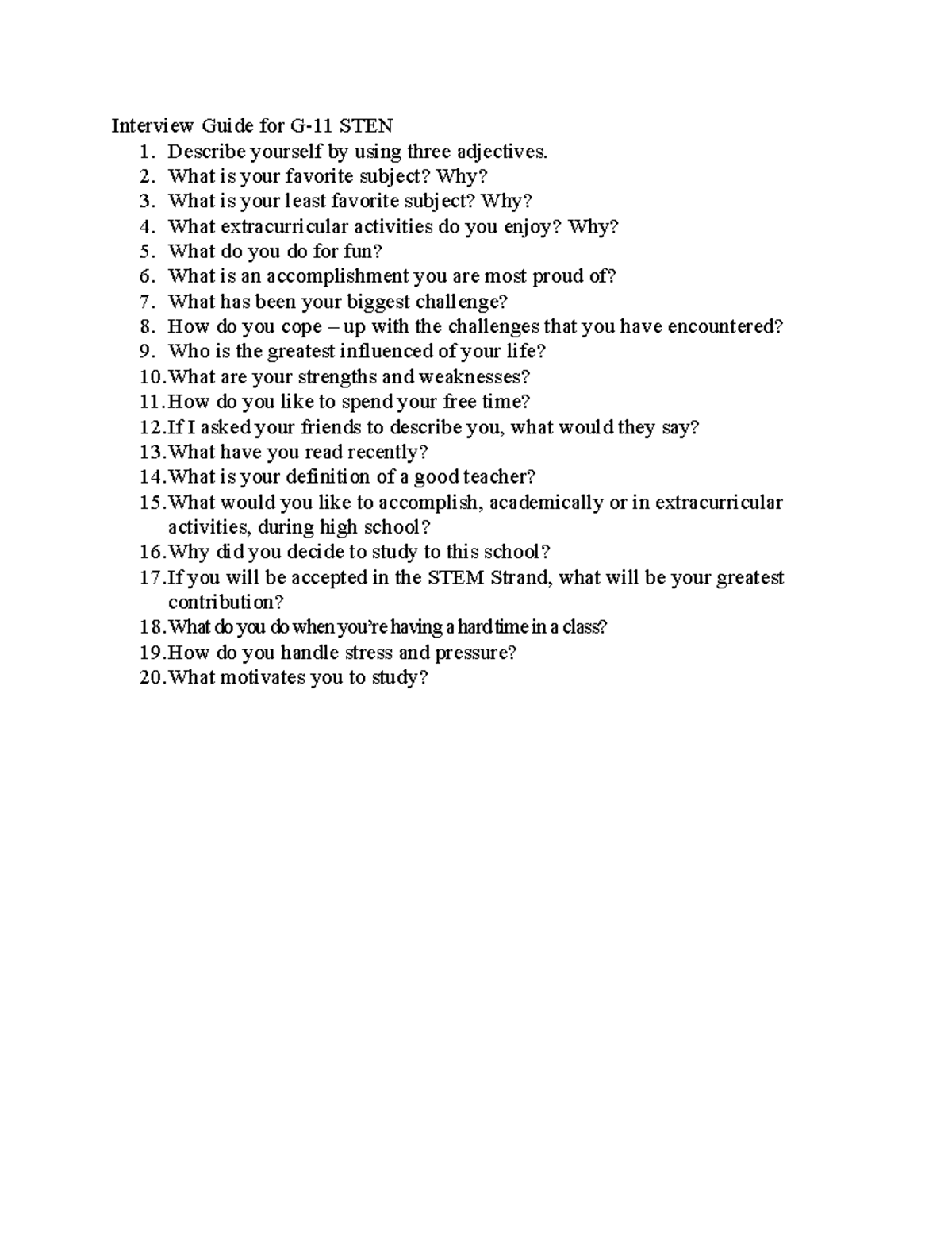 G-11 STEN Interview Guide: Key Questions for STEM Students - Studocu