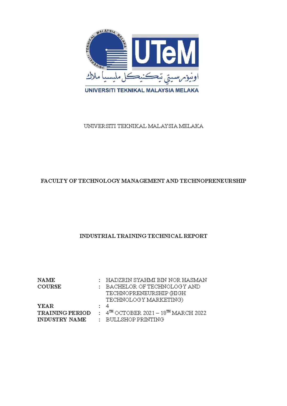 Industrial Training Report: Hadzrin's Internship at Eureka Solutions ...