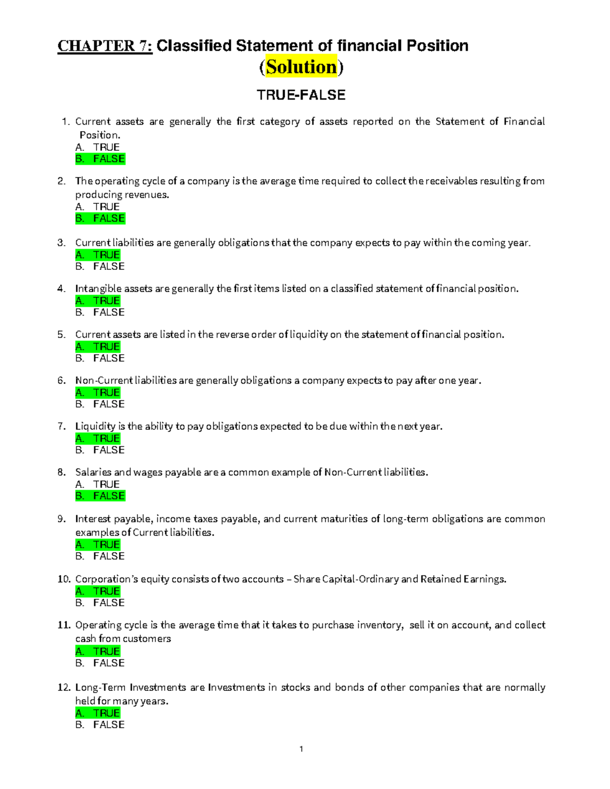 Financial Accounting 1: Chapter 7 - Classified Statement of Financial ...