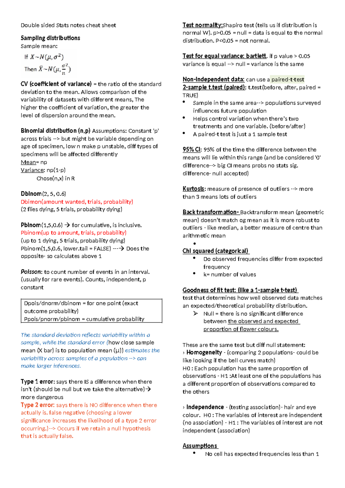 Double-Sided Stats Cheat Sheet: Sampling, Errors, & Distributions - Studocu