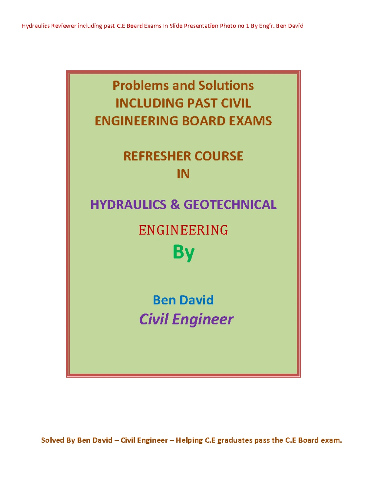 HGE ( April 2023) - A copy of board exam question with solution Hydraulics and Geothechnical ...