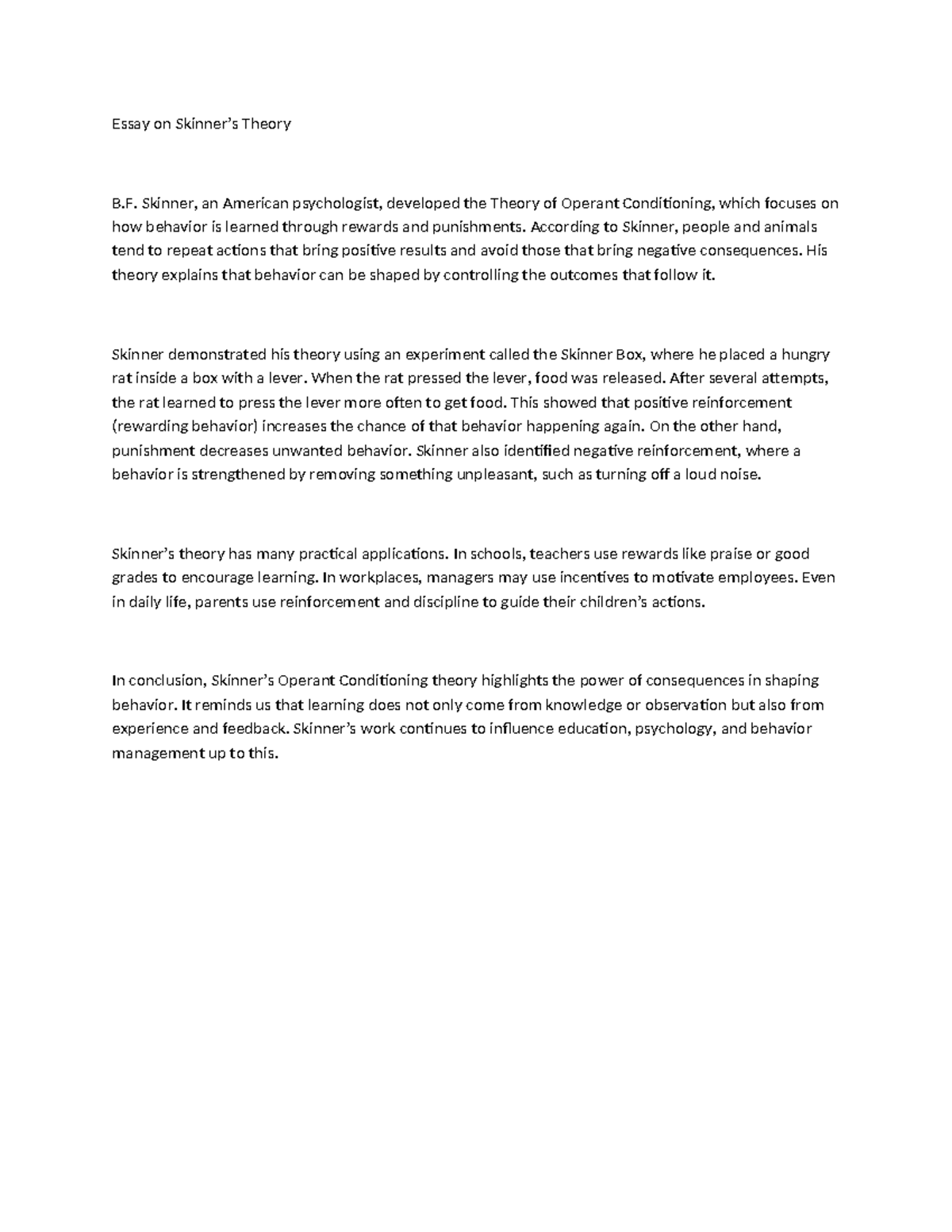 Essay on B.F. Skinner's Operant Conditioning Theory - Studocu