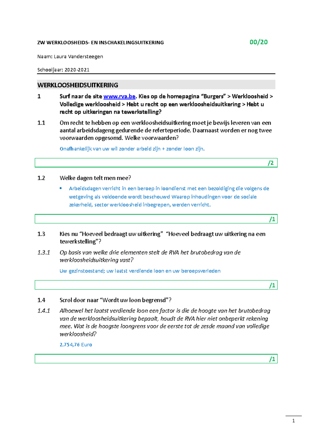 ZW Werkloosheids- EN Inschakelingsuitkering 2021 - Laura Vandersteegen ...