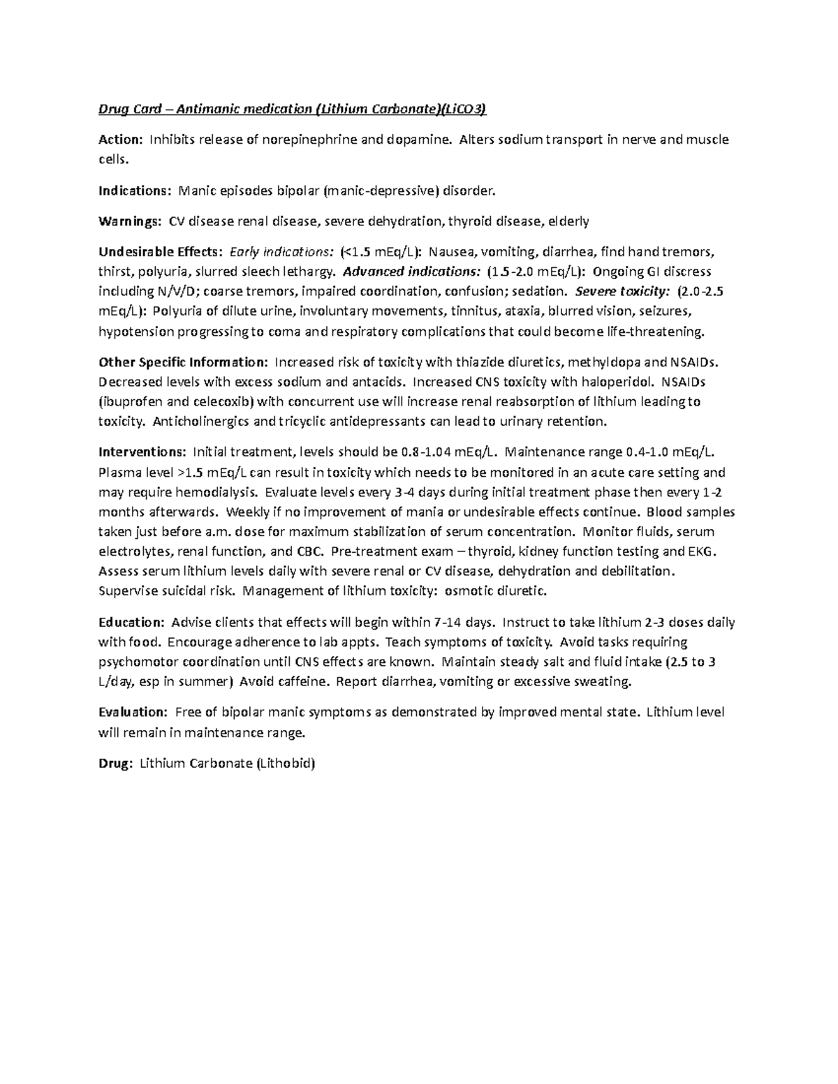 Lithium Carbonate Drug Card: Antimanic Medication Guide - Studocu