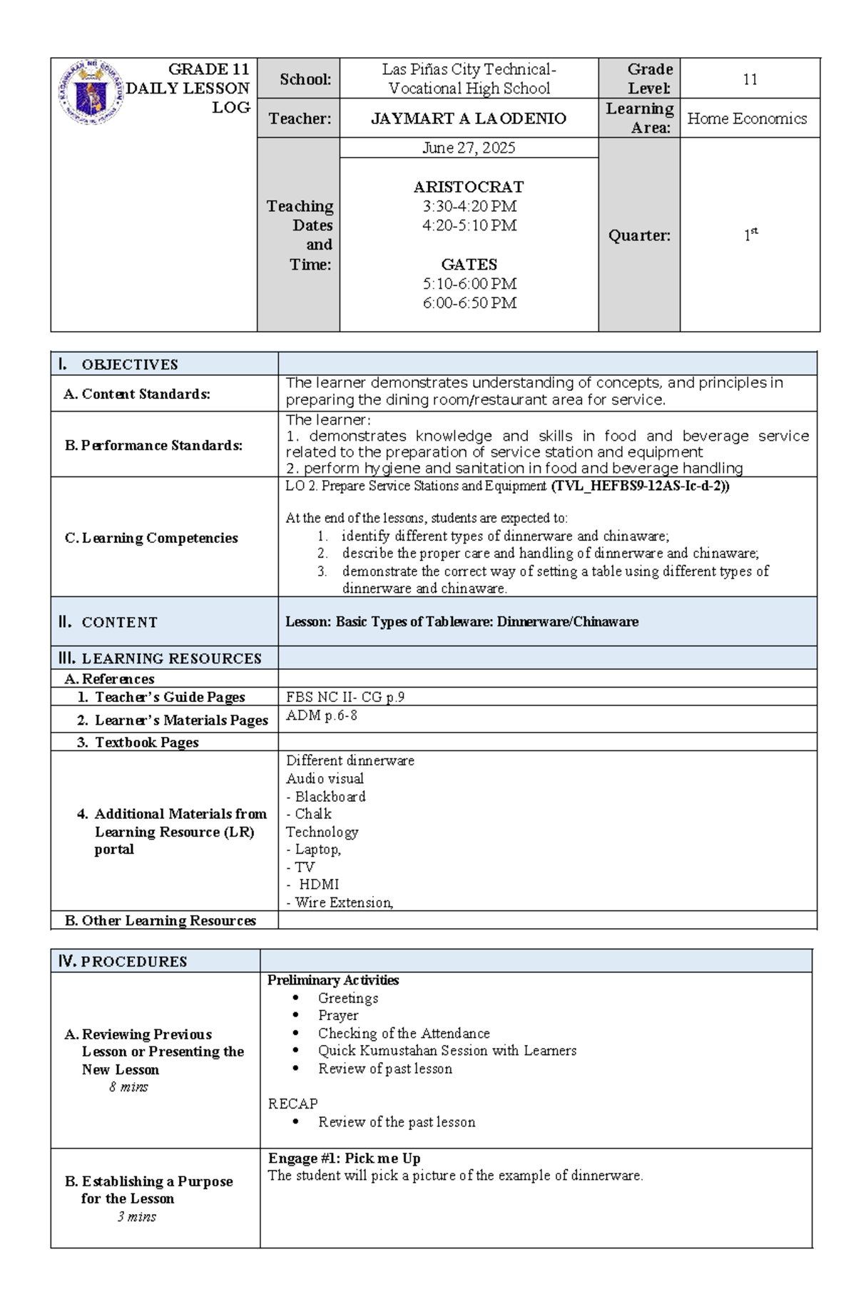 Q1-L5: Understanding Dinnerware and Chinaware in Home Economics - Studocu
