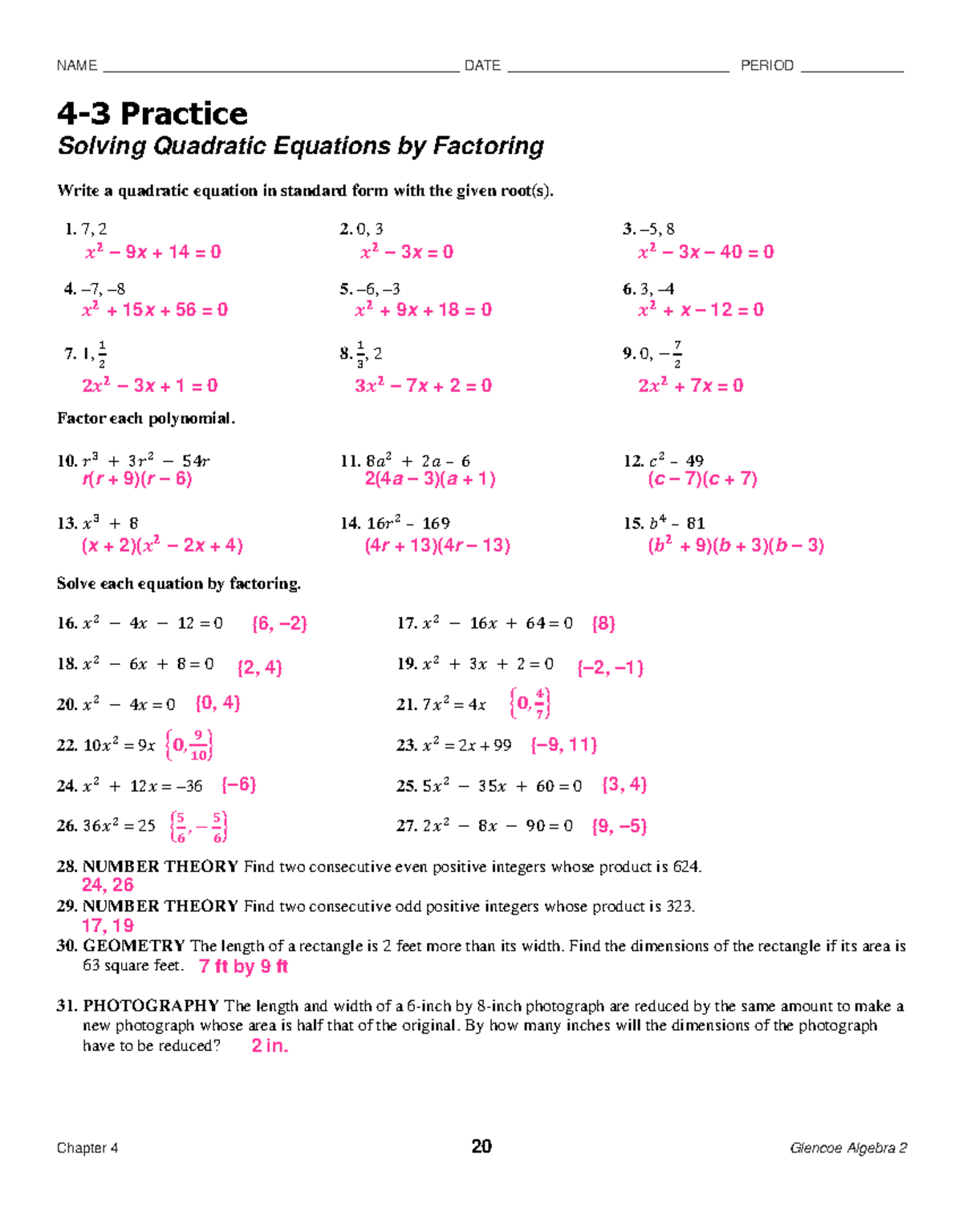 Algebra 2 (4.3) Homework: Practice Solving Quadratic Equations - Studocu