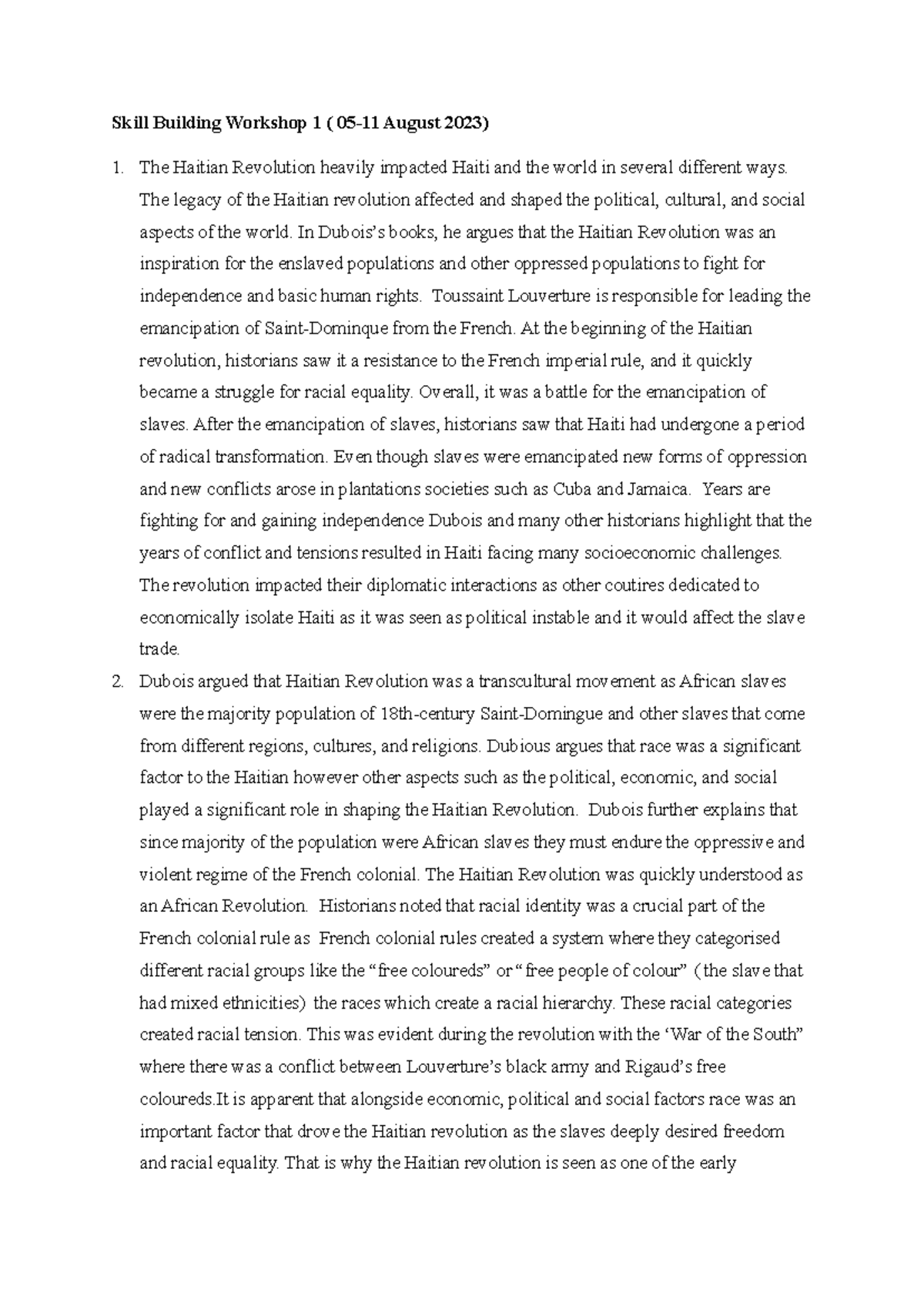 HIST 101: Skill Building Workshop 1 - The Haitian Revolution's Impact ...