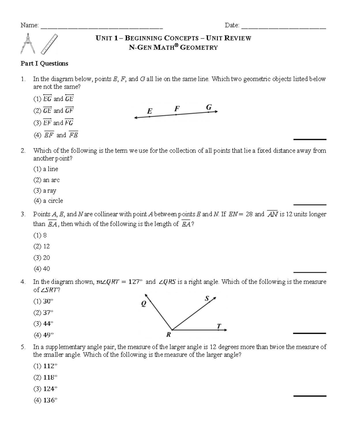 N-GEN Math Geometry Unit 1 Review: Beginning Concepts Questions - Studocu