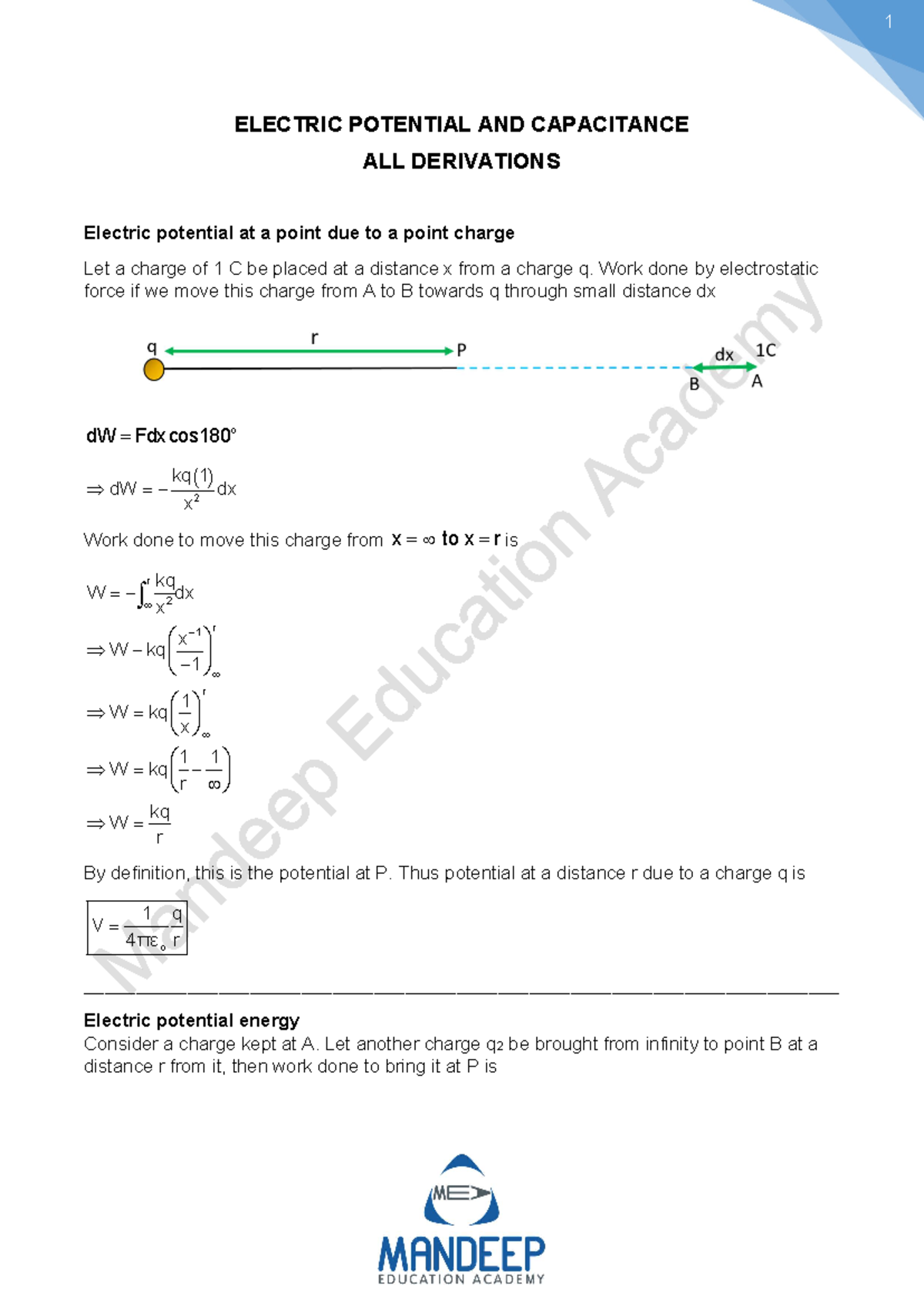 Electric Potential & Capacitance Derivations - Summary of Key Concepts - Studocu