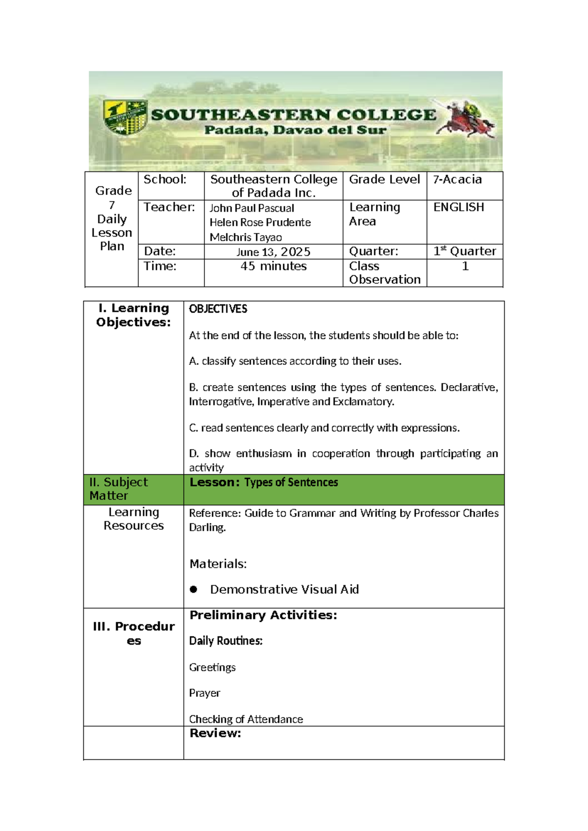Grade 7 English Lesson Plan: Types of Sentences (Elective 2) - Studocu