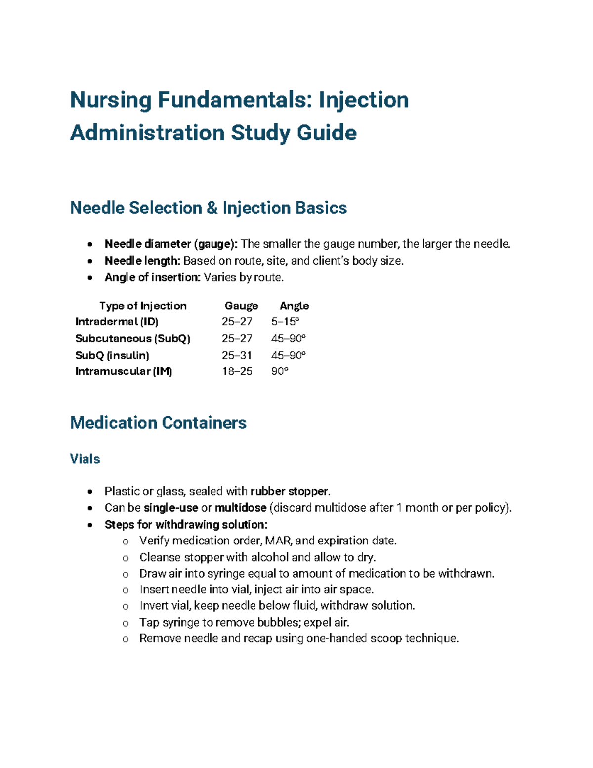 Nursing Fundamentals: Injection Admin. Study Guide (Final Exam) - Studocu