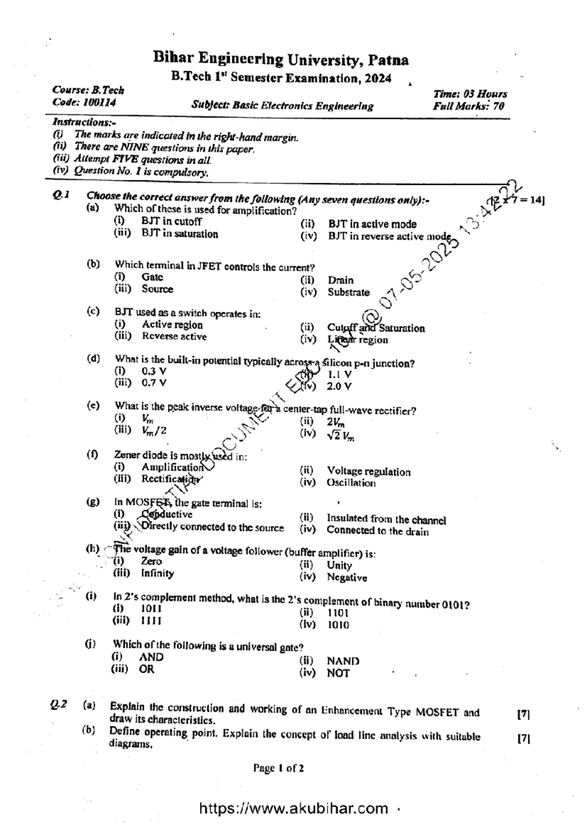 B.Tech 1st Sem Basic Electronics Engineering Exam 100114, 2024 - Studocu