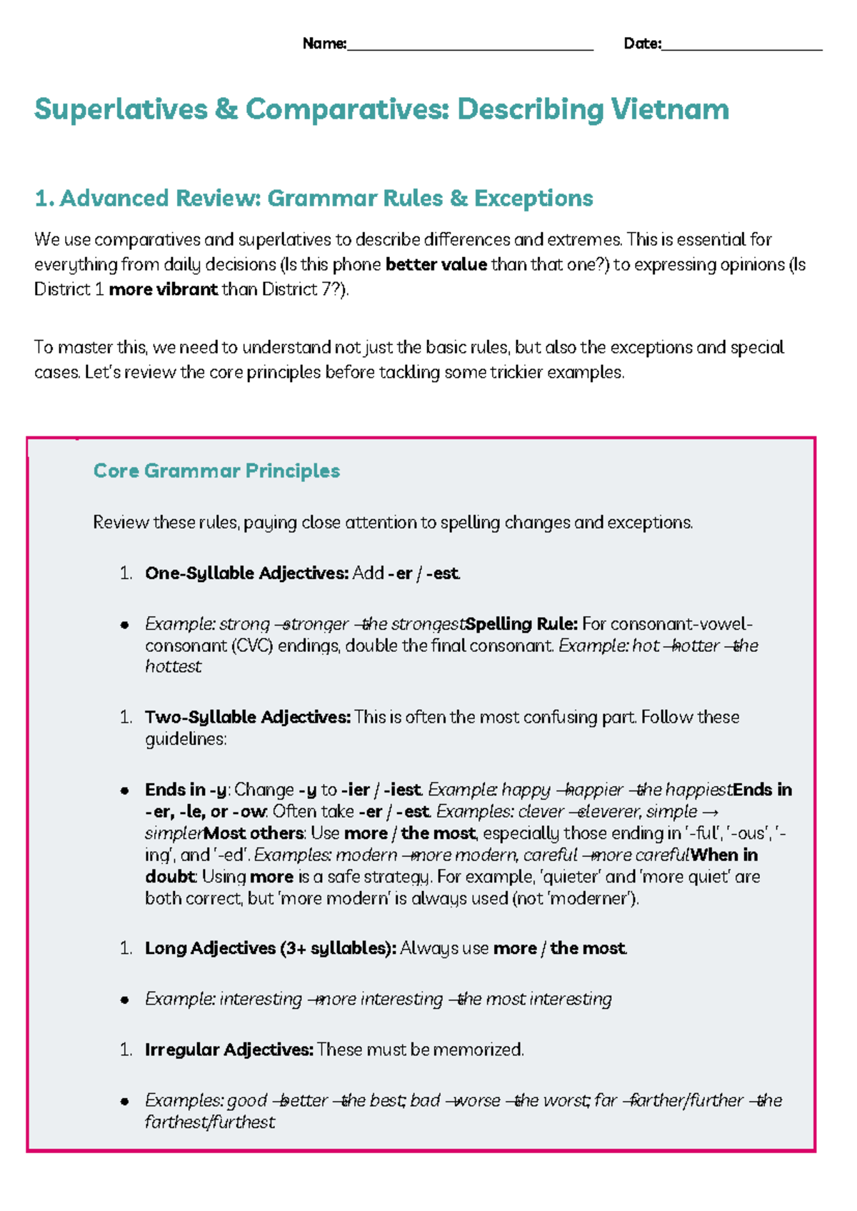 Superlatives and Comparatives: Describing Vietnam - Handout - Studocu