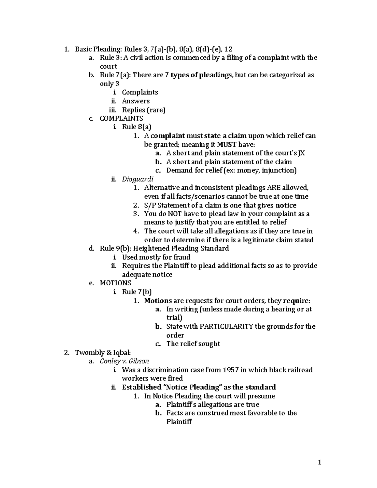 Civ Pro I - Basic Pleading Rules & Case Management Overview - Studocu