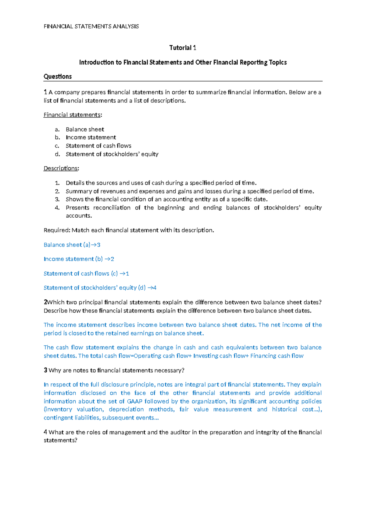 FSA 101: Financial Statements Analysis Tutorial 1 with Solutions - Studocu