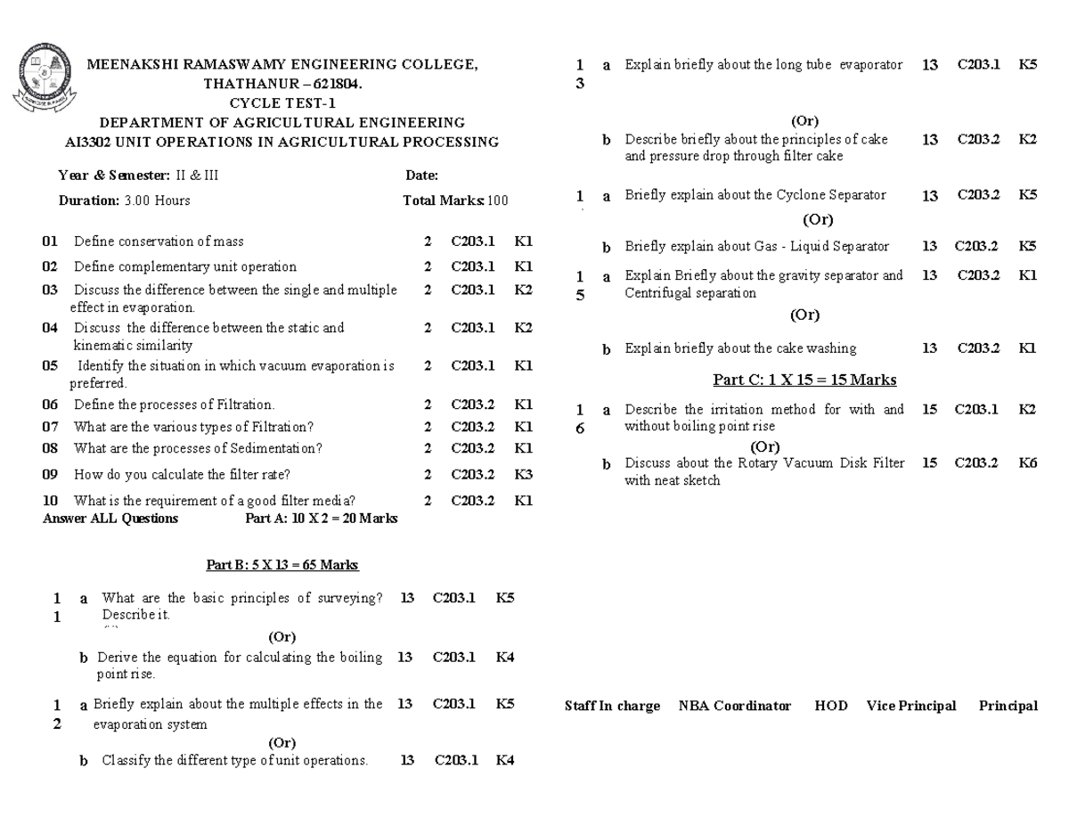 Unit Operation Cycle Test 1 - AI3302 - Agricultural Engineering - Studocu