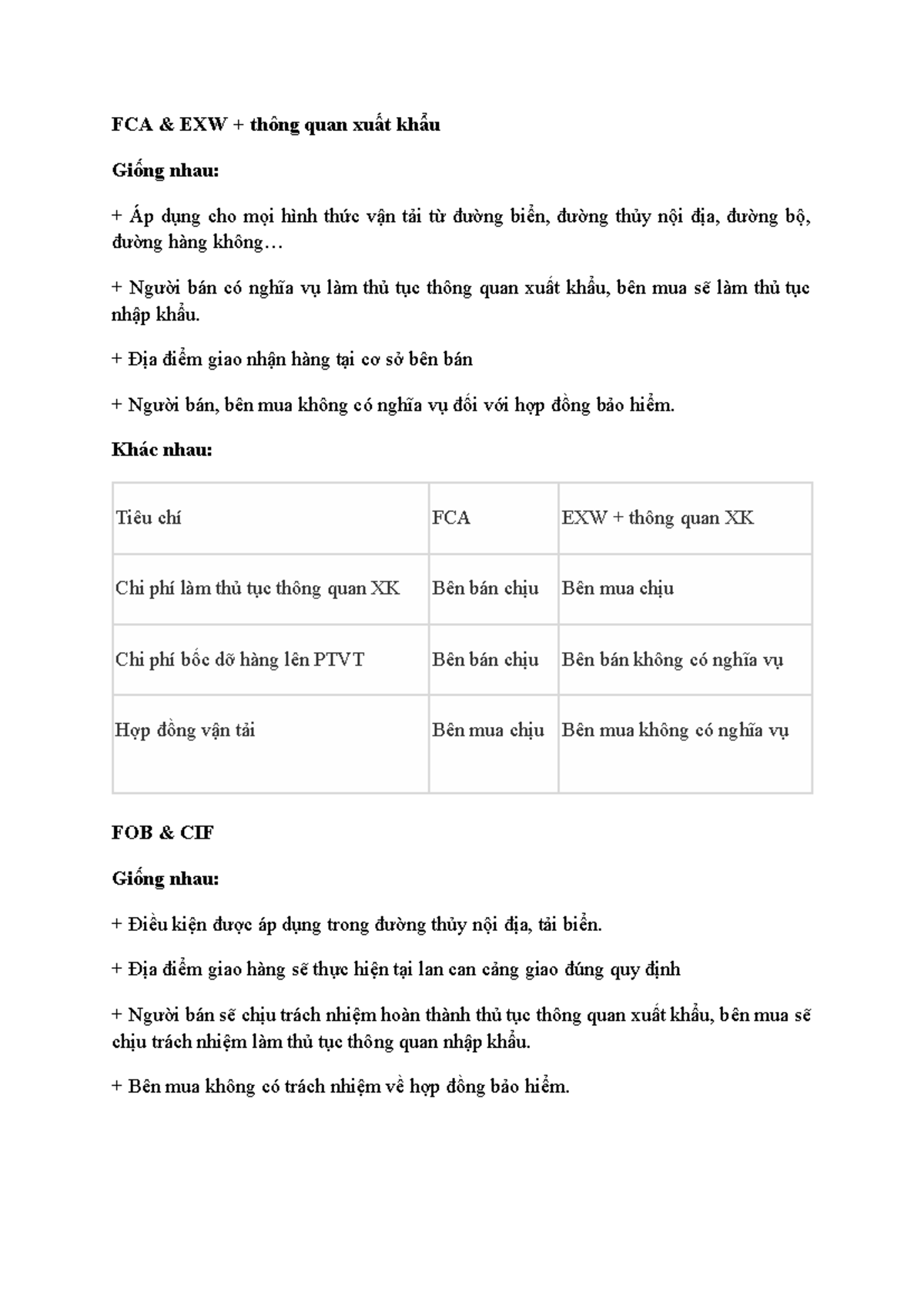 So sánh điều kiện Incoterms 2020: FCA, EXW, FOB, CIF, CIP - Studocu