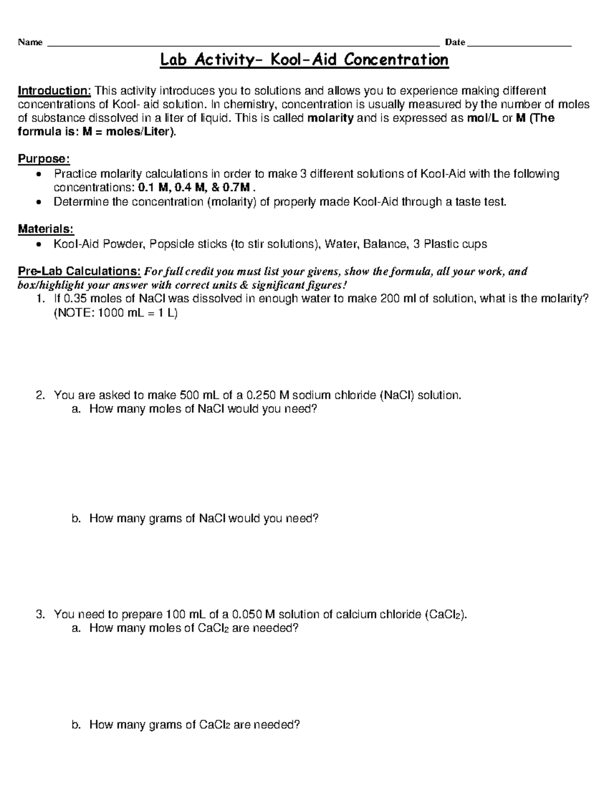 Kool-Aid Concentration Lab Activity (Chemistry) 1: Molarity ...