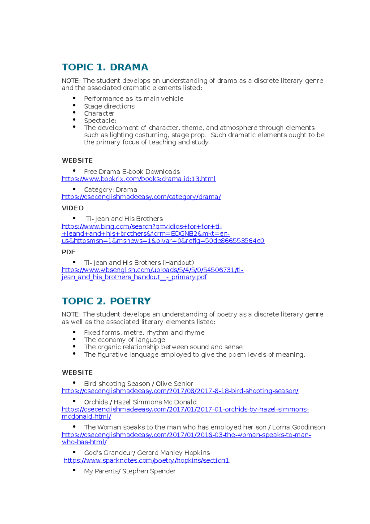 CSEC English B - Essential Resources for Drama, Poetry, and Prose - Studocu