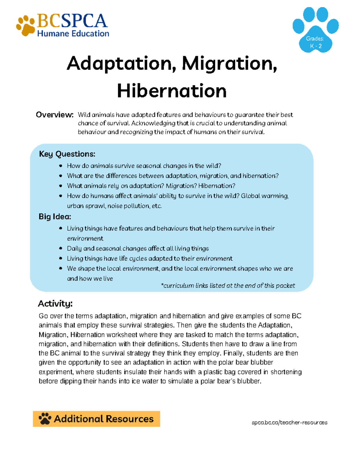 K-2 Teacher Activity: Adaptation, Migration, Hibernation Overview - Studocu