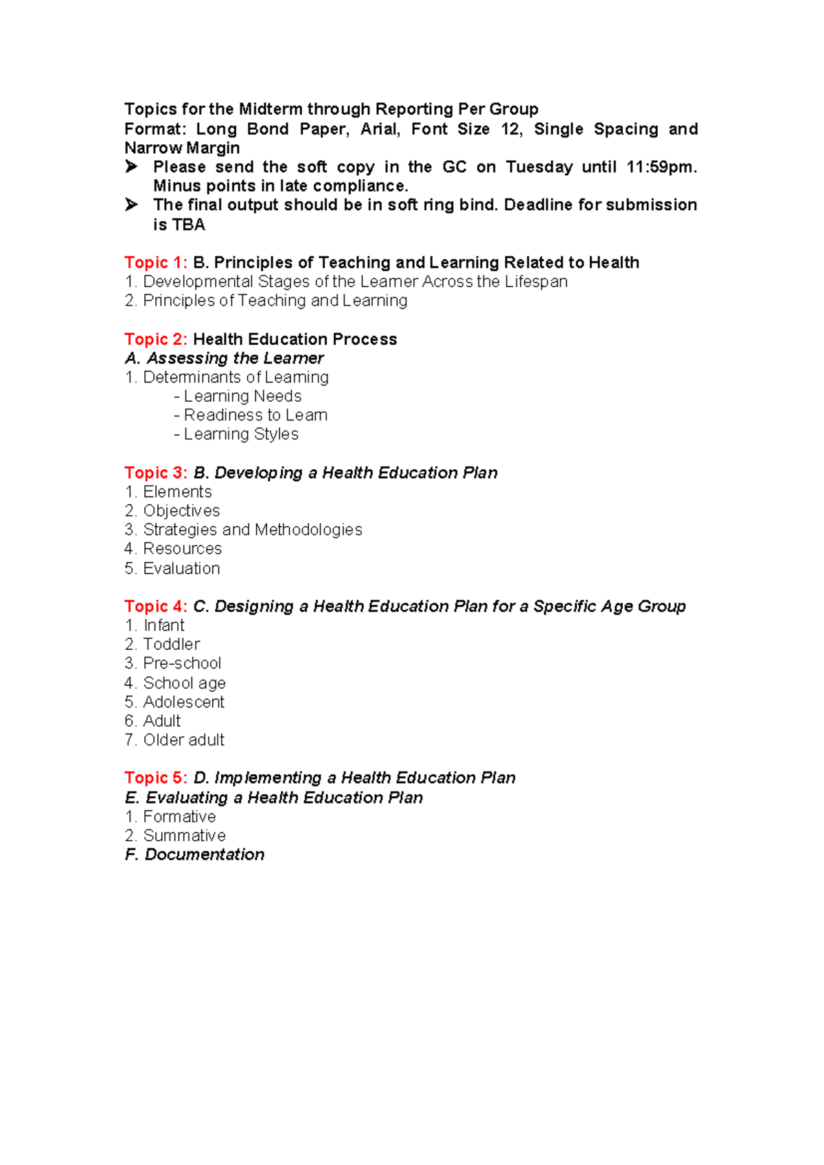 Midterm Topics Review for Health Education (Course Code: TBA) - Studocu