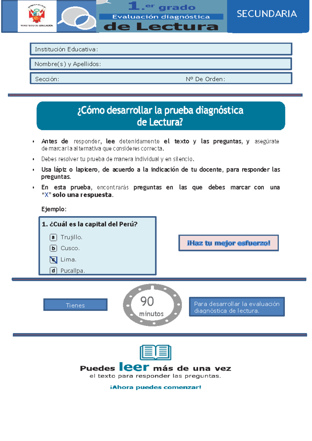 Evaluación Diagnóstica de Lectura 1° - SECUNDARIA - Studocu