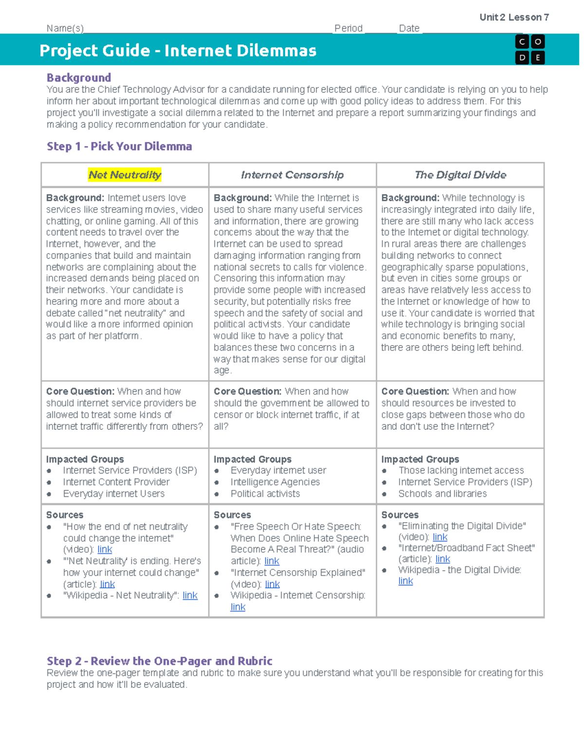 Internet Dilemma Project Guide - Unit 2 Lesson 7 Summary - Studocu